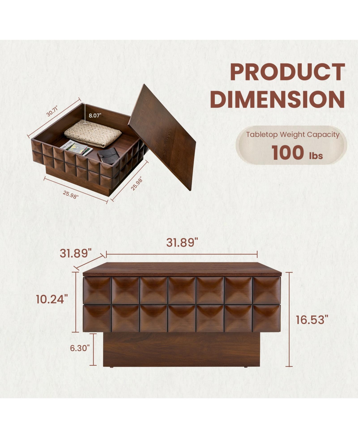 Click here for flynama 32.7 Square Walnut Coffee Table with 3D Cu... prices