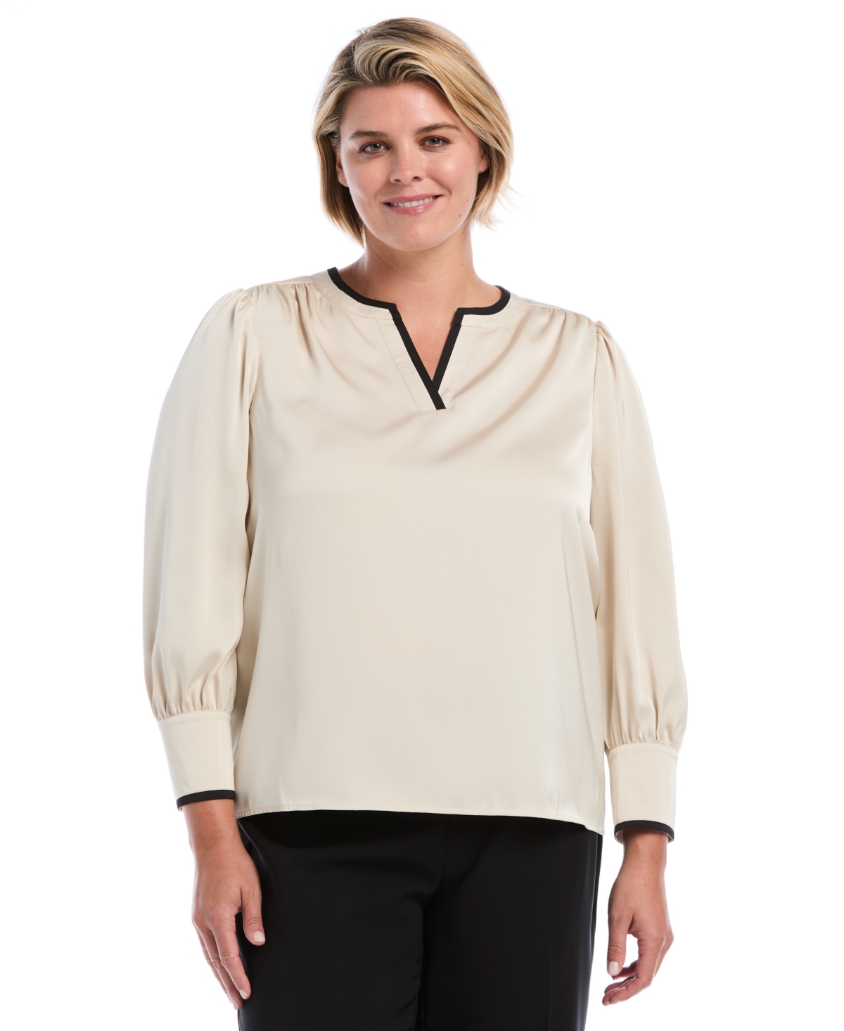 Click here for Rafaella Plus Size Satin Split-Neck Long-Sleeve Bl... prices