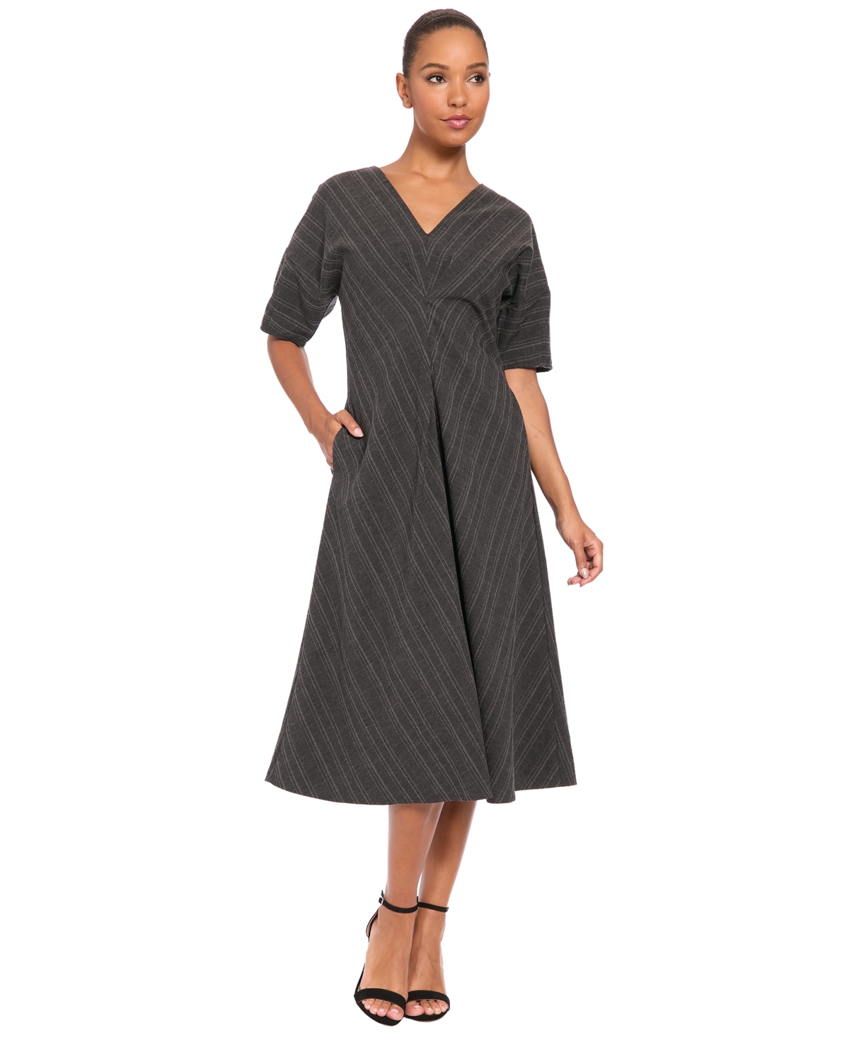 Click here for Luxely Womens 3/4 Puff-Sleeve V-Neck Striped Fit-a... prices