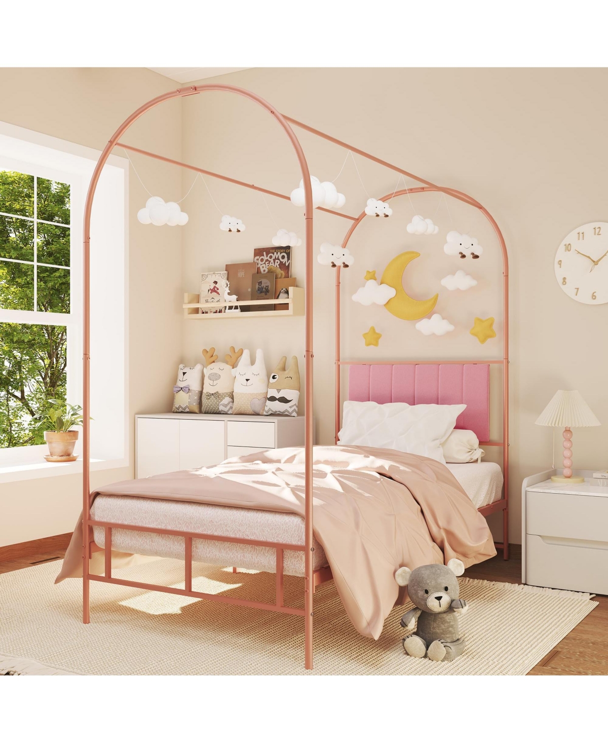 Click here for Twin Arch Canopy Bed Frame  Pink Kids Metal Platfo... prices