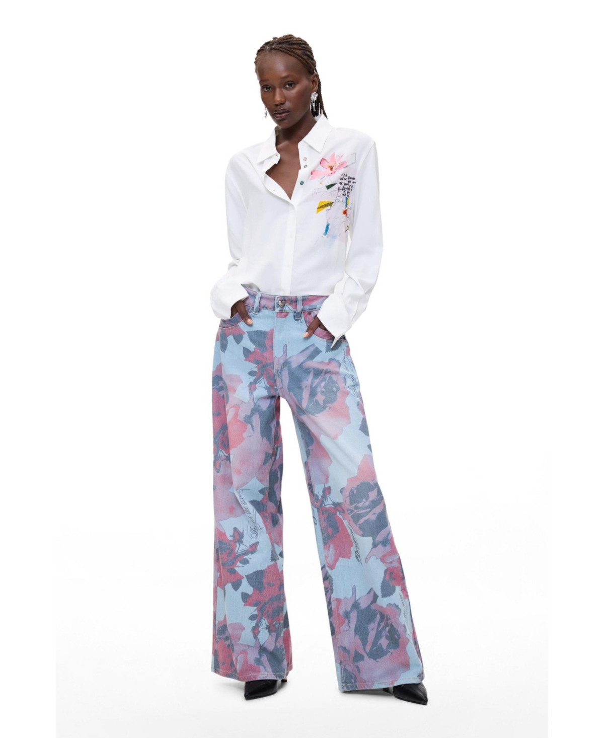 Click here for Desigual Womens Printed Wide Leg Jeans - Light blu... prices