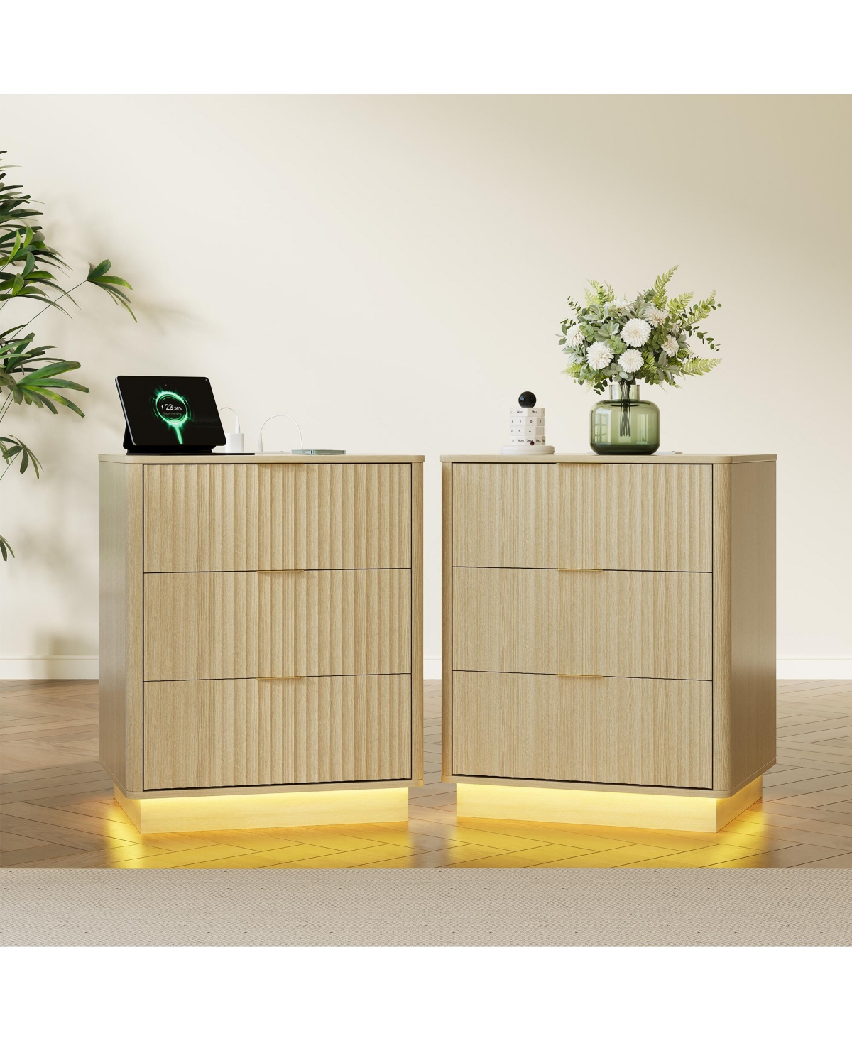 Click here for Set of 2 Light Oak Fluted Nightstands with Chargin... prices