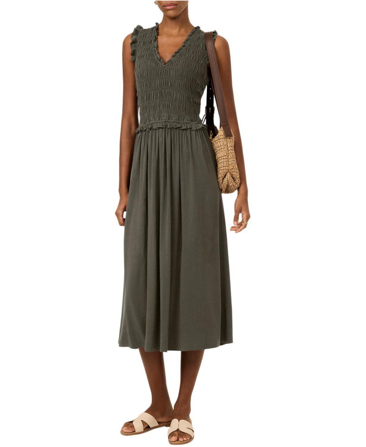 Click here for Mint Velvet Womens Shirred Ruffle Midi Dress - Gre... prices