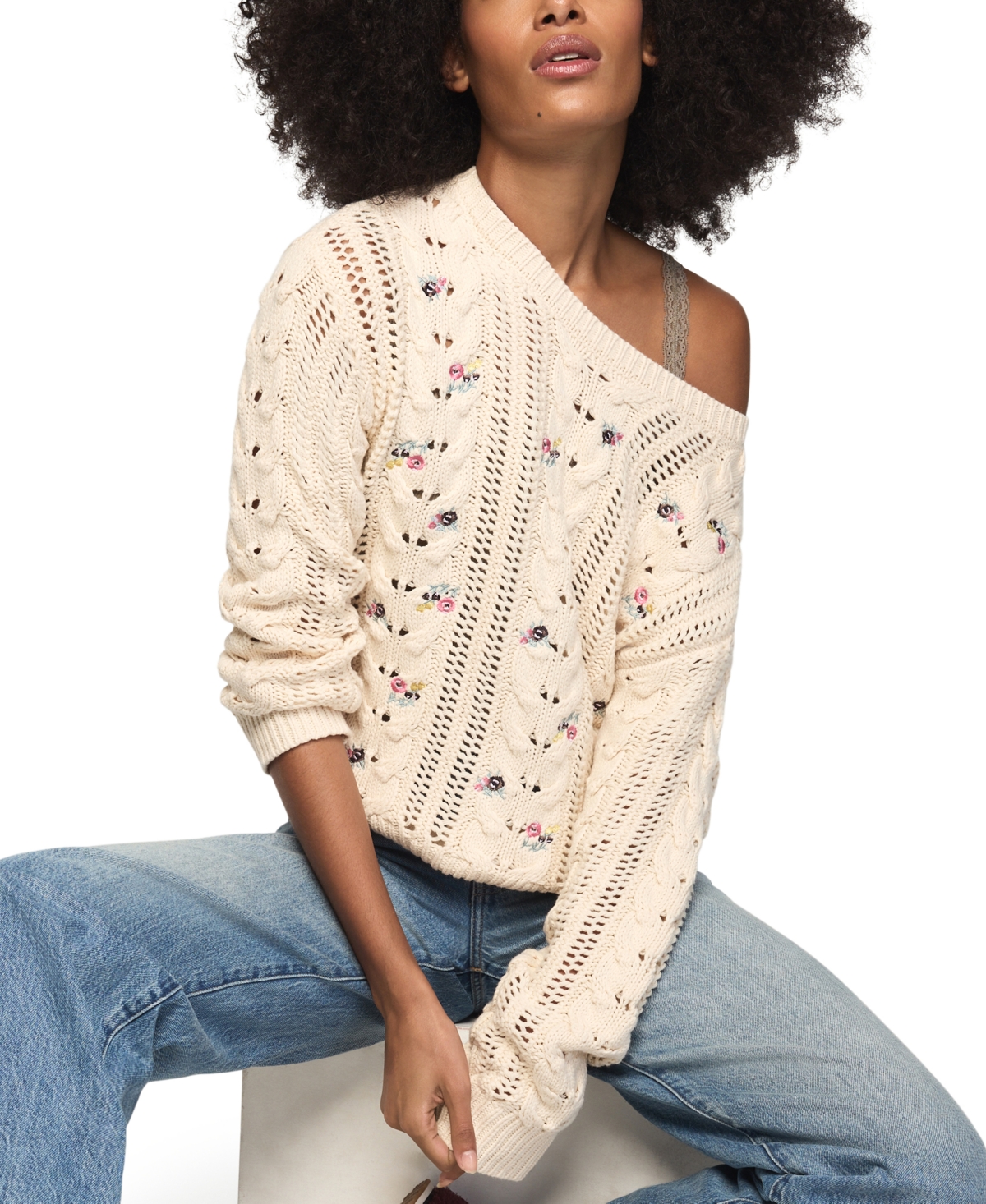 Click here for Lucky Brand Womens Floral-Embroidered Cable-Knit C... prices