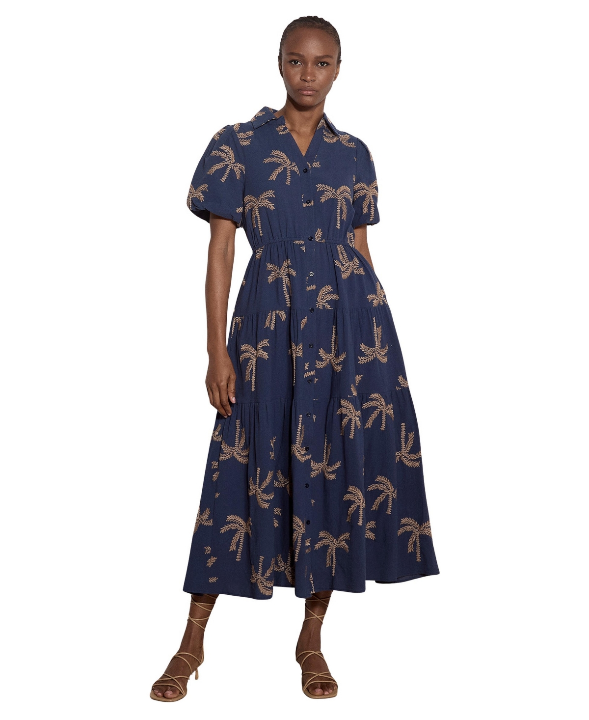 Click here for Apricot Womens Embroidered Puff-Sleeve Tiered Midi... prices