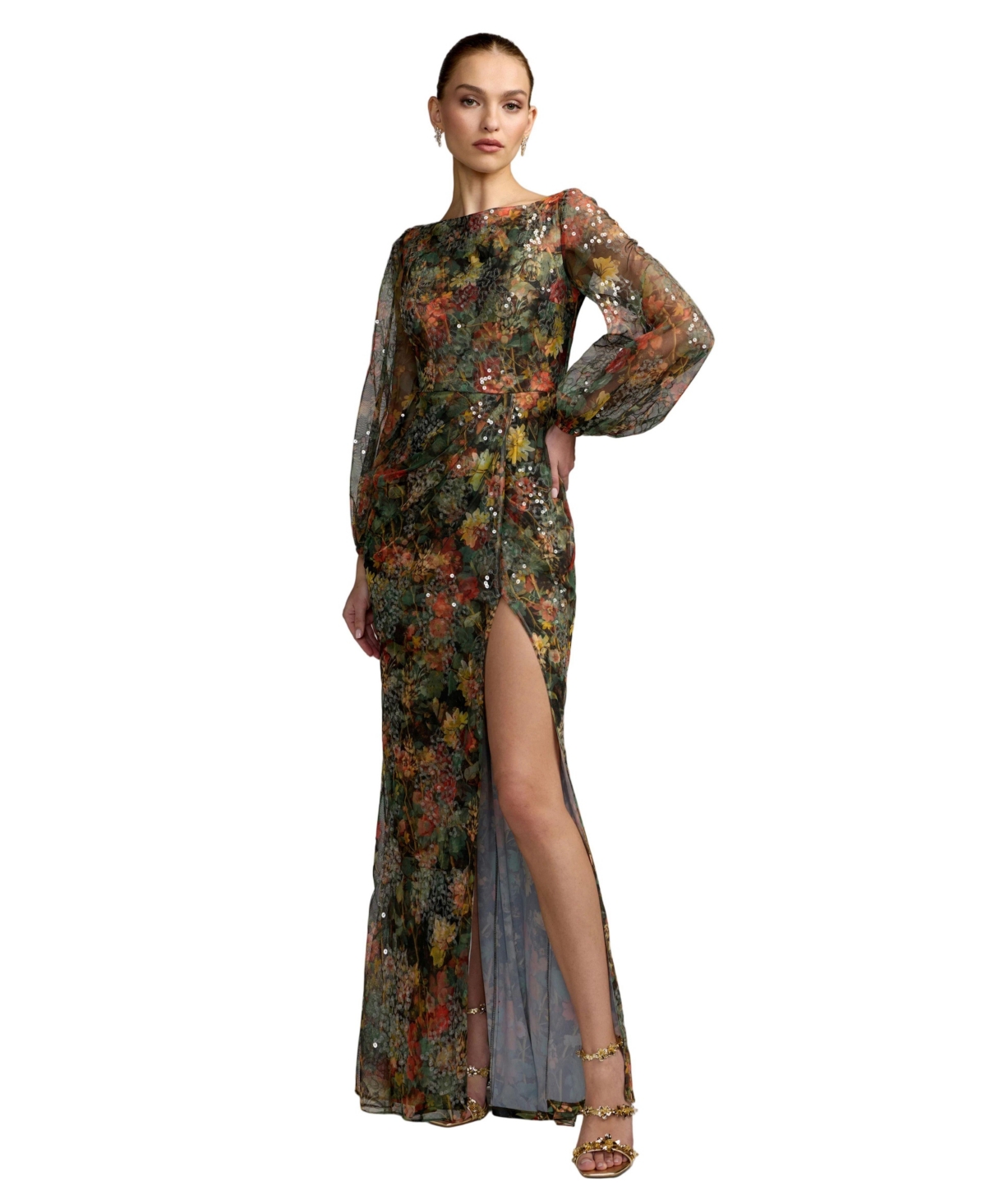 Click here for Mac Duggal Womens Floral Print Sequined Puff Sleev... prices