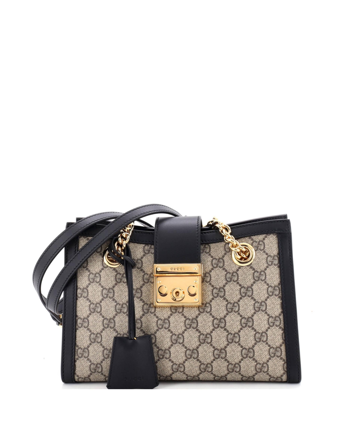 Click here for Pre-Owned Gucci Small Padlock Chain Tote Gg Coated... prices