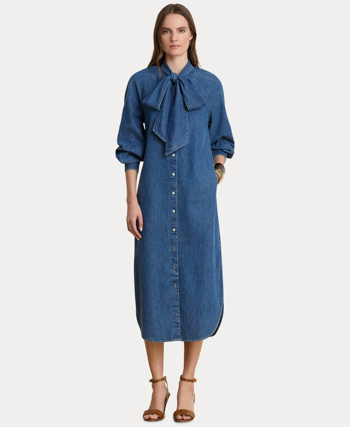 Click here for Lauren Ralph Lauren Womens Denim Tie-Neck Midi Shi... prices