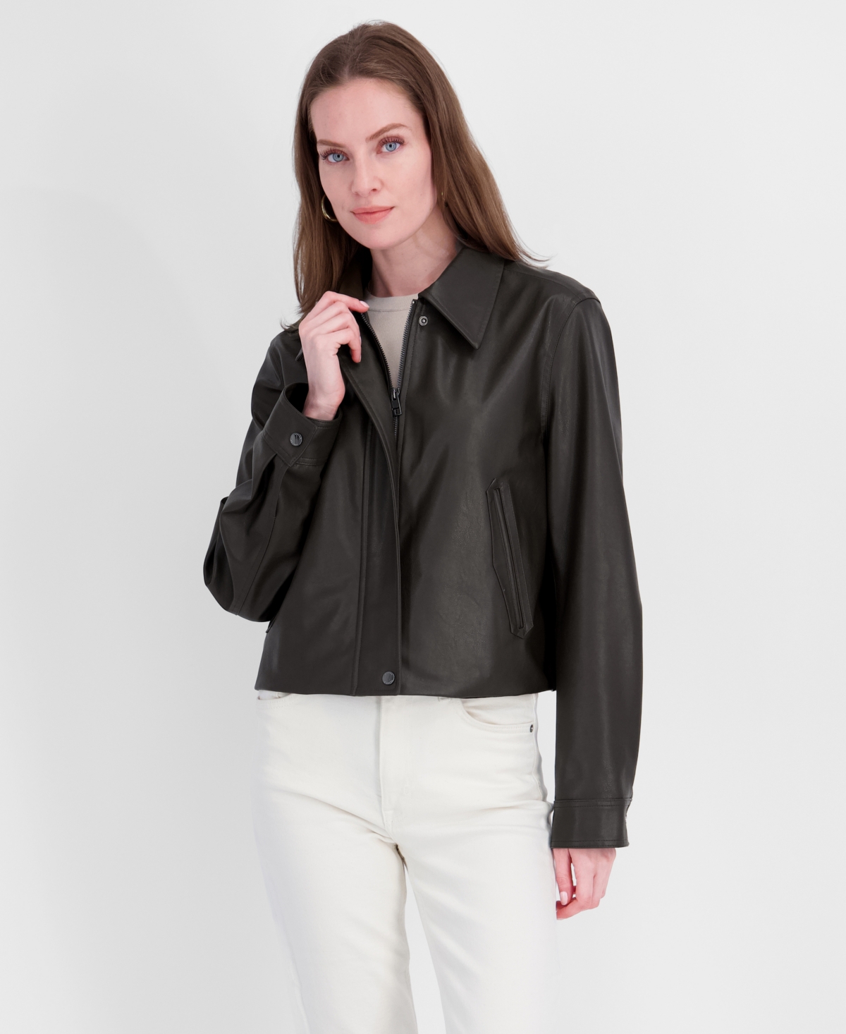 Click here for Tahari Womens Faux Leather Zip-Up Coat - Black prices