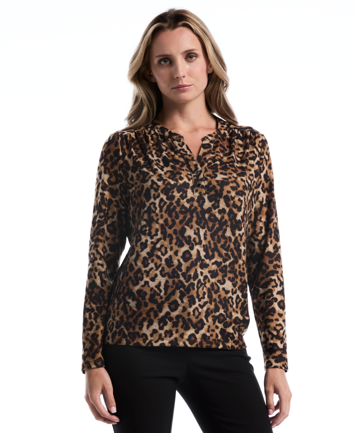 Click here for Rafaella Petite Leopard-Print Split-Neck Long-Slee... prices