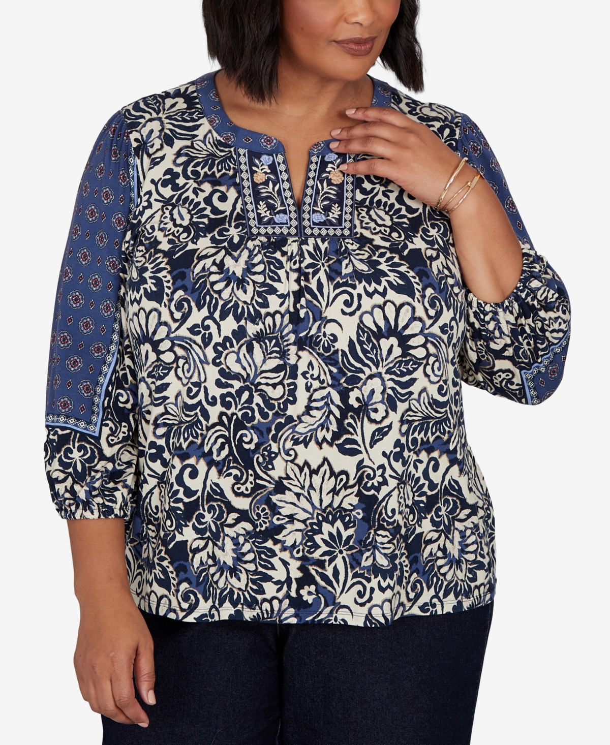Click here for Ruby Rd. Plus Size Foliage Floral Henley 3/4-Sleev... prices