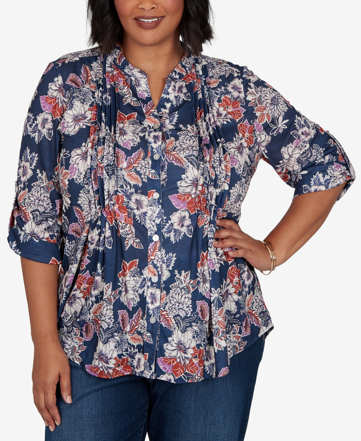 Click here for Ruby Rd. Plus Size Kensington Henley 3/4-Sleeve Fl... prices