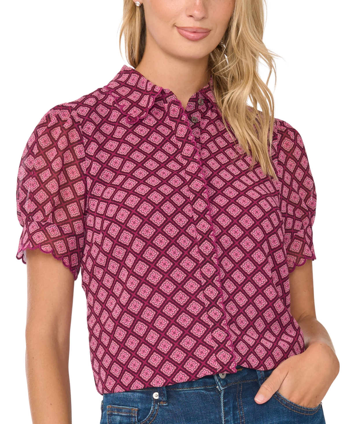 Click here for CeCe Womens Short-Sleeve Scallop Trim Button Up Bl... prices