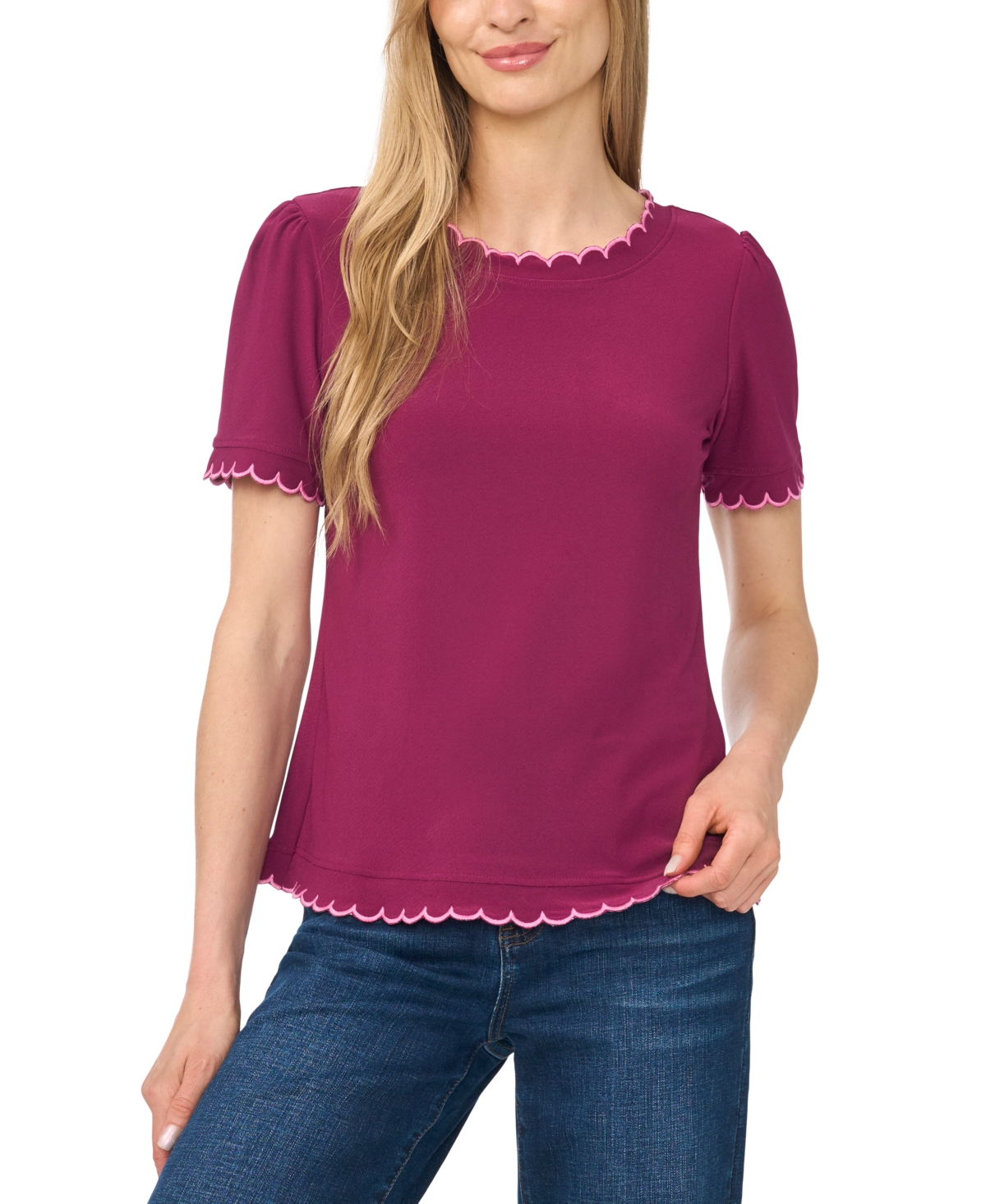Click here for CeCe Womens Puff Sleeve Scalloped Blouse - Deep Mu... prices