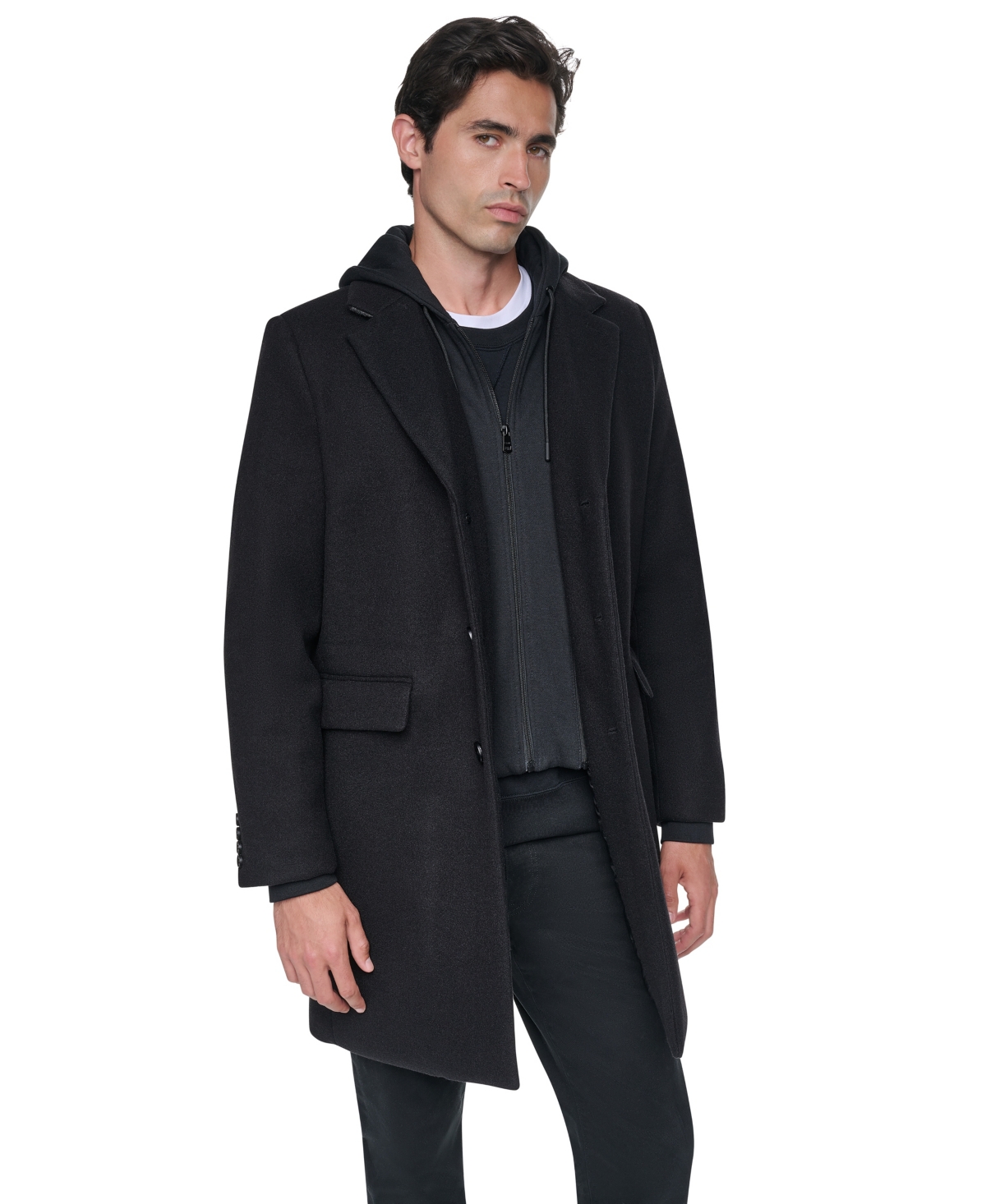 Click here for Dkny Mens Topcoat with Hood Jacket - Black prices