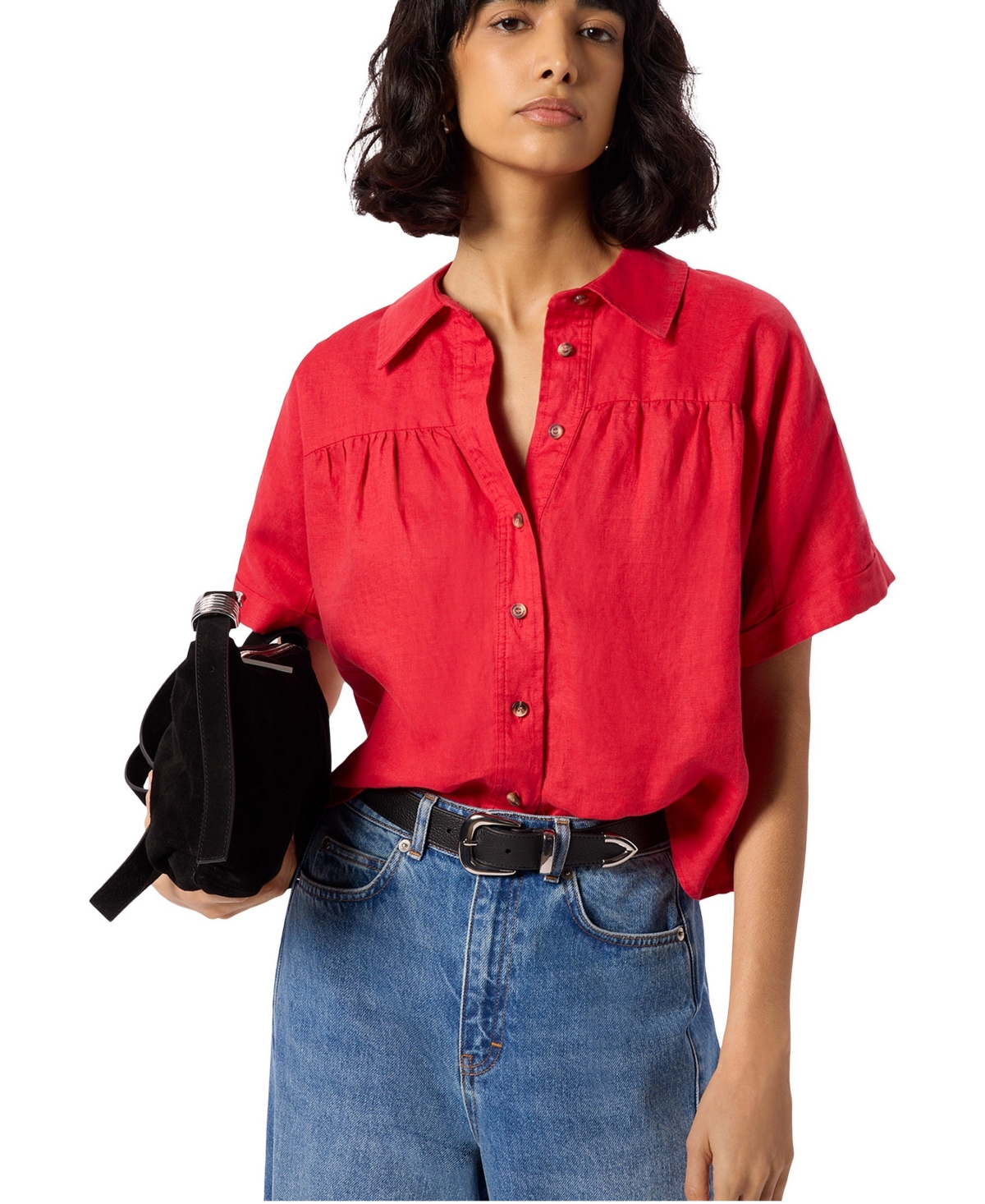 Click here for Whistles Womens Gathered Linen Shirt - Red prices