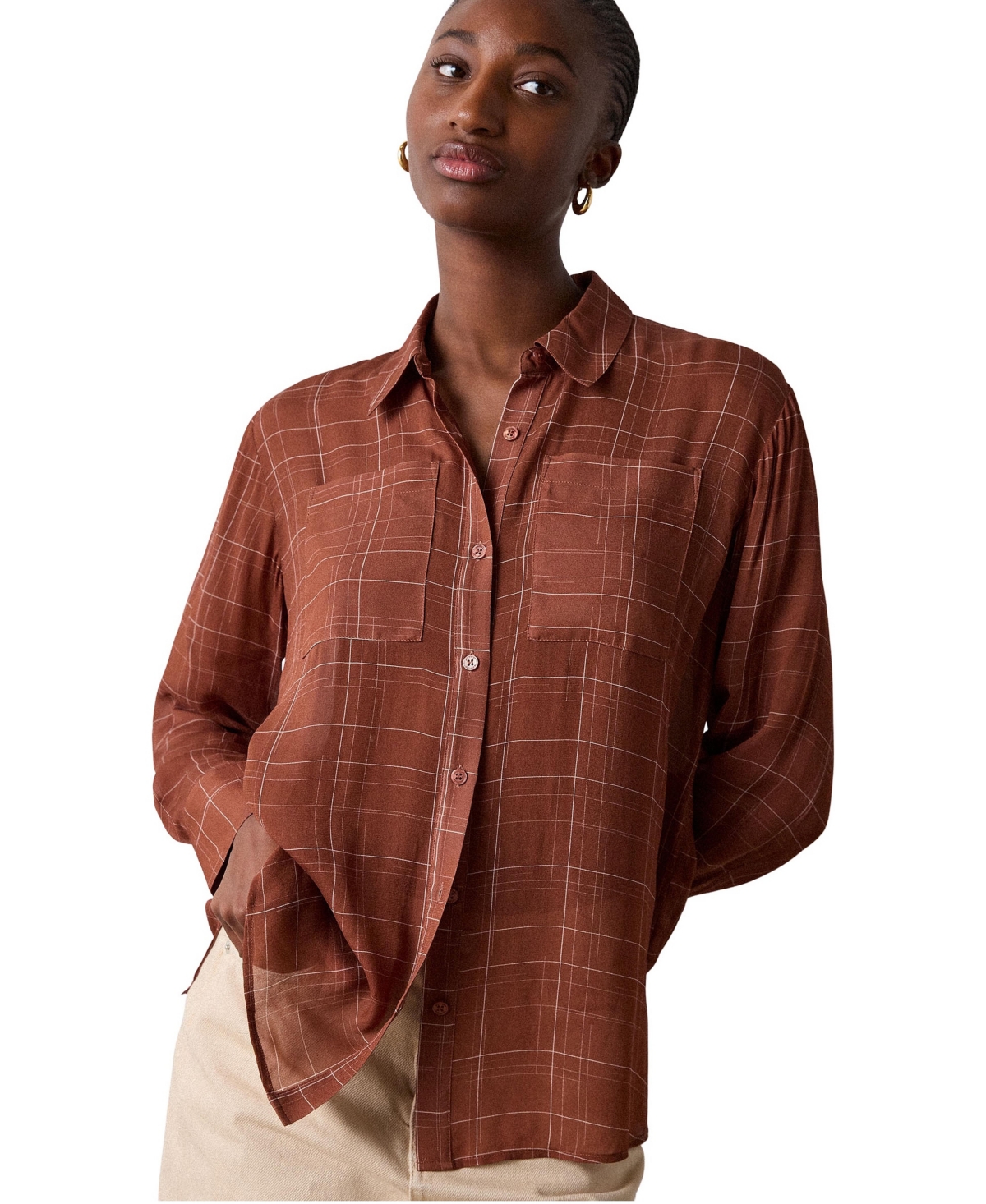 Click here for Whistles Womens Etched Check Sheer Shirt - Brwn/mu... prices