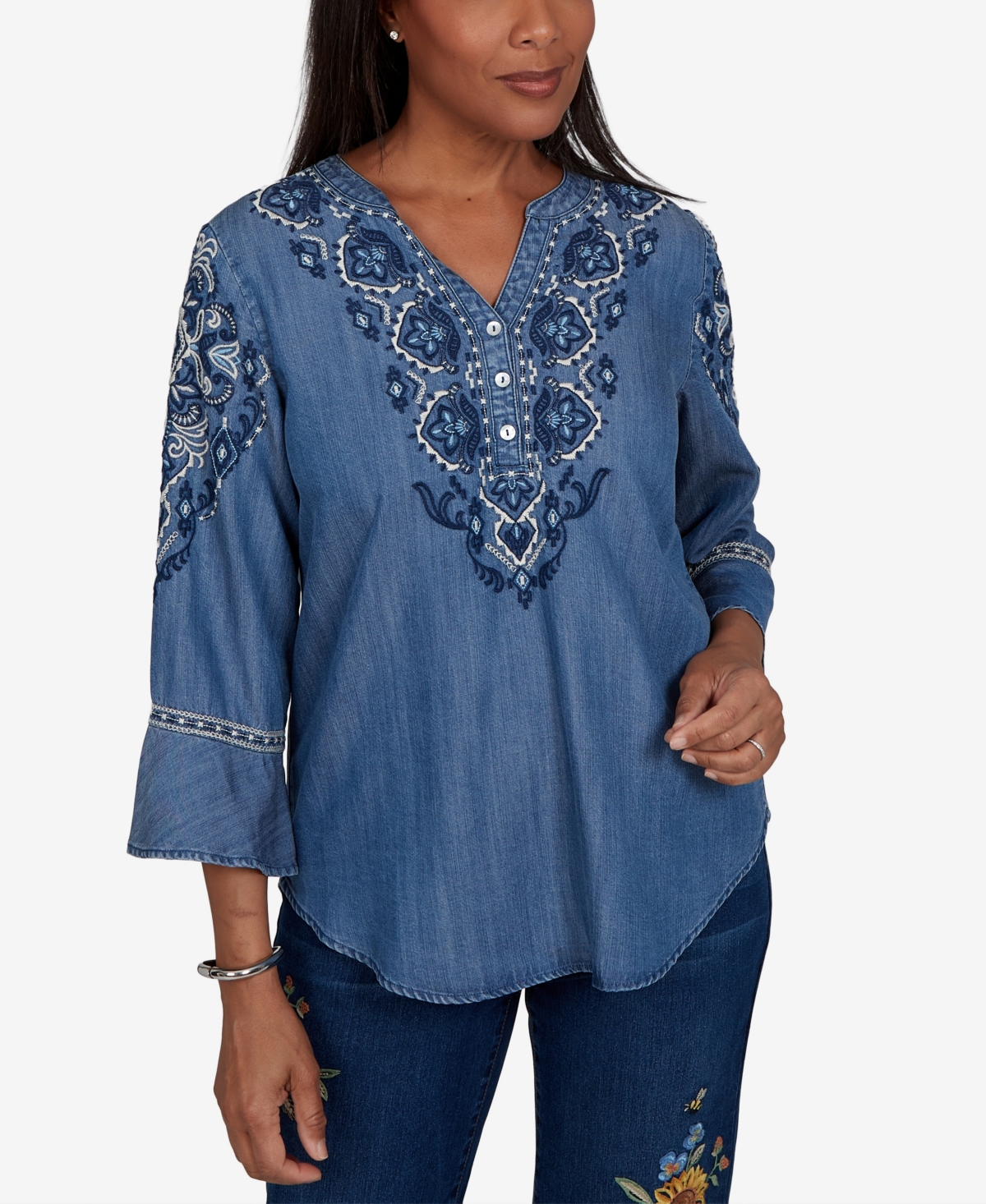 Click here for Alfred Dunner Petite 3/4-Sleeve V-Neck Blouse - Bl... prices