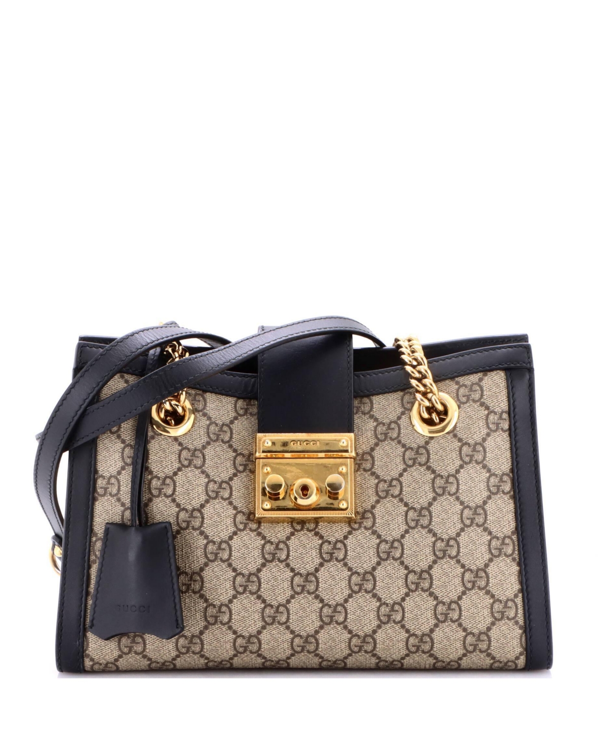 Click here for Pre-Owned Gucci Small Padlock Chain Tote Gg Coated... prices