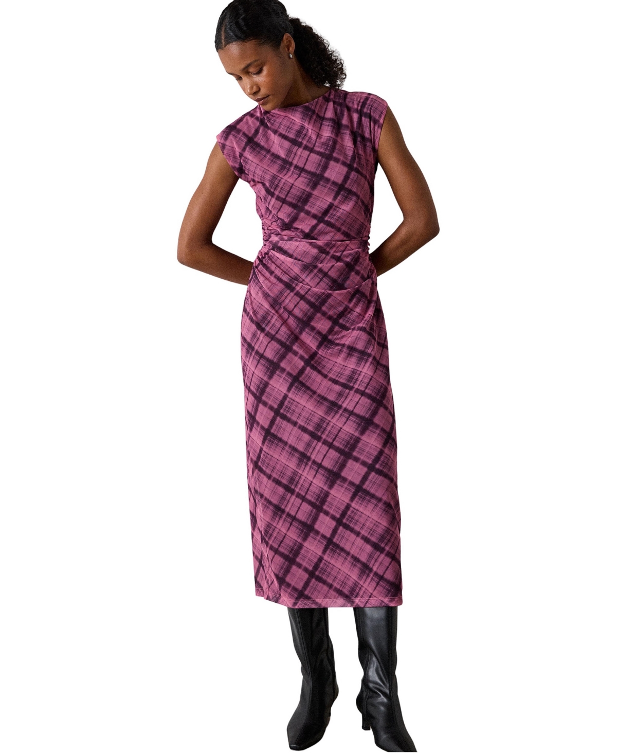 Click here for Whistles Womens Twist Check Mesh Midi Dress - Pink... prices