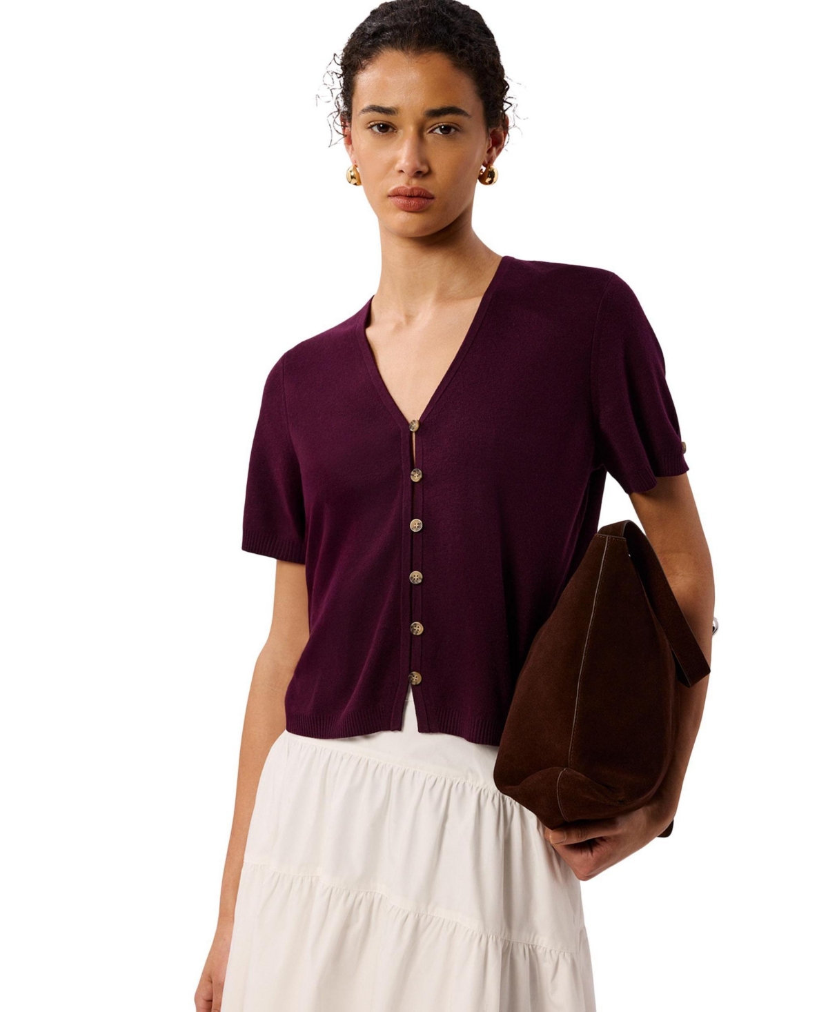 Click here for Whistles Womens Short Sleeve Button Front Knit Car... prices