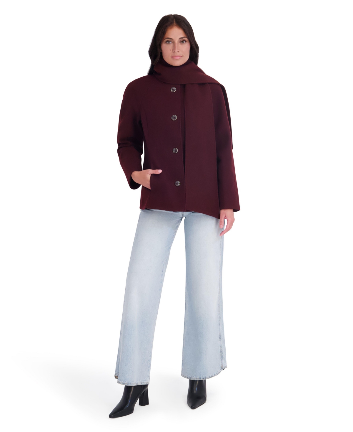 Click here for Kensie Womens Faux-Wool Funnel Neck Coat - Wine prices