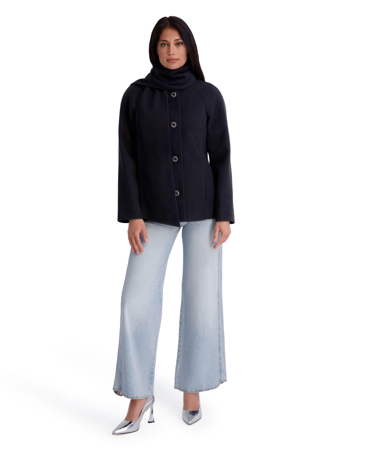 Click here for Kensie Womens Faux-Wool Funnel Neck Coat - Black prices