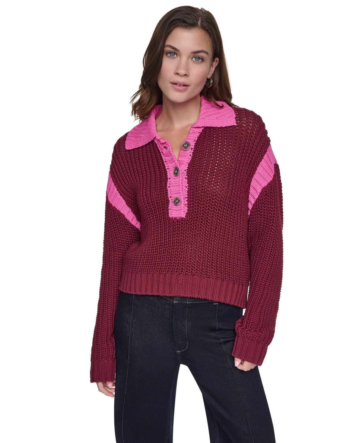 Click here for Dkny Jeans Womens Henley Colorblock Drop-Shoulder... prices