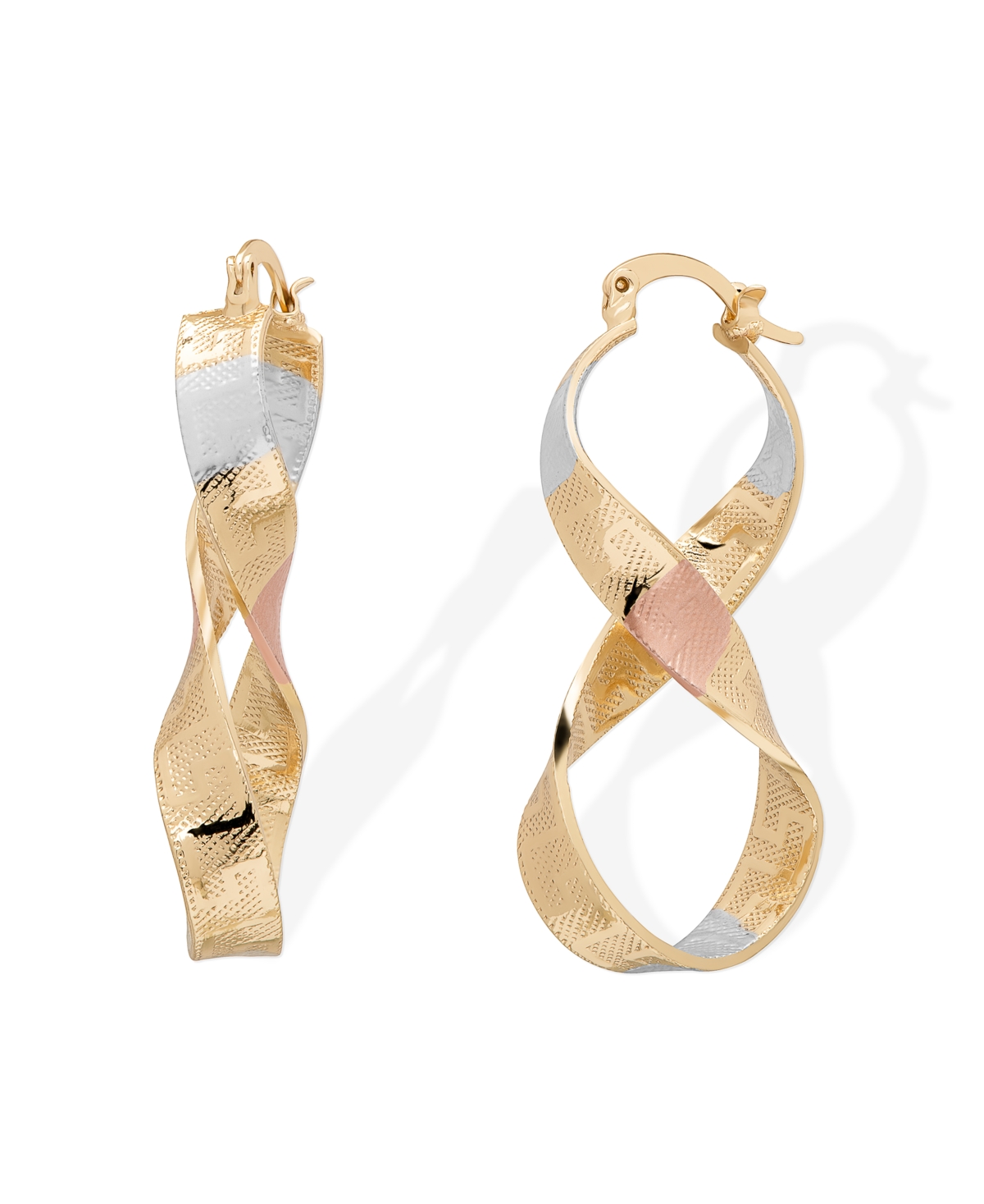 Click here for Macys Tri-Color Greek Key Print Infinity Drop Hoop... prices