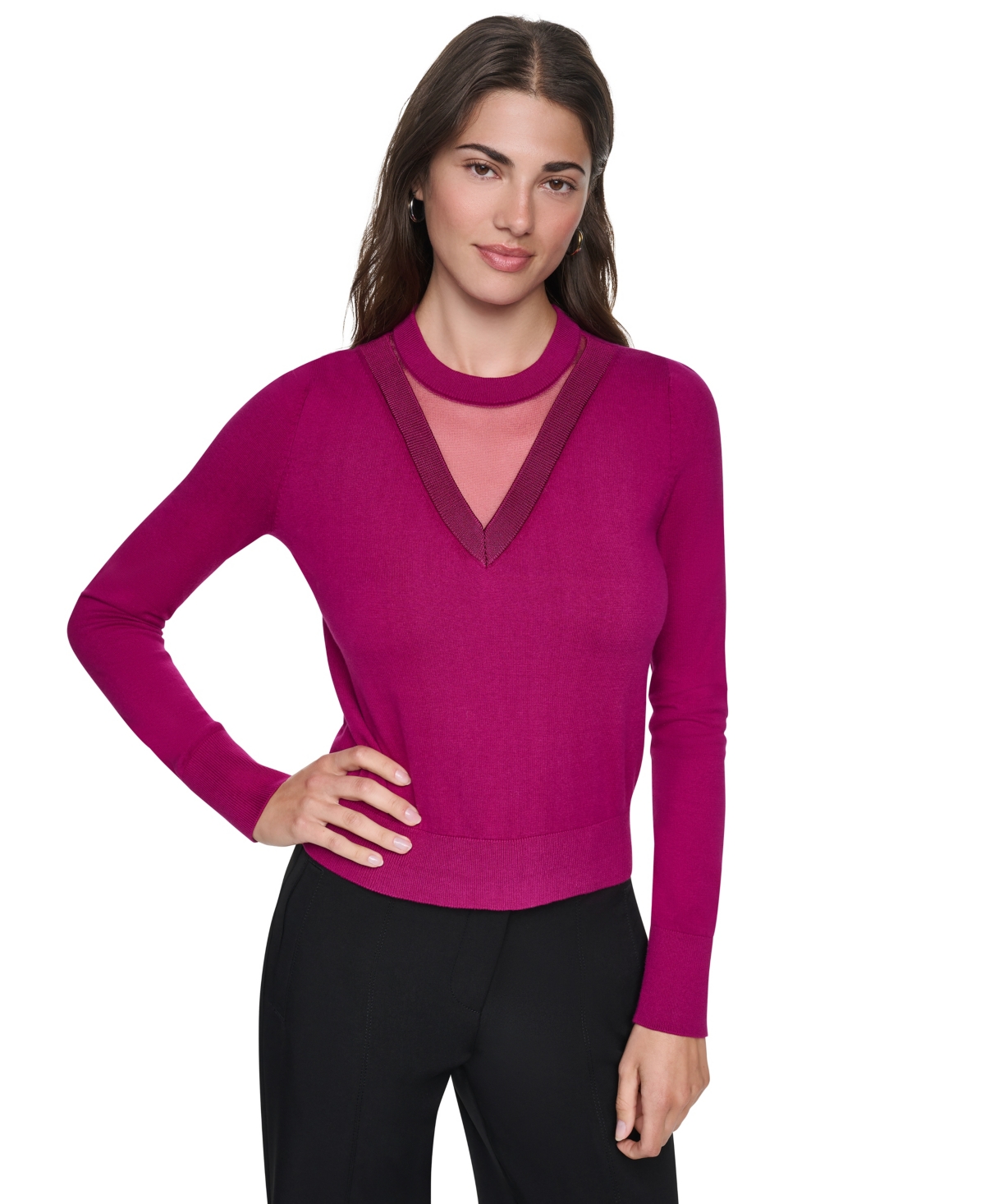 Click here for Dkny Womens Double V-Neck Mesh Window Detail Long-... prices