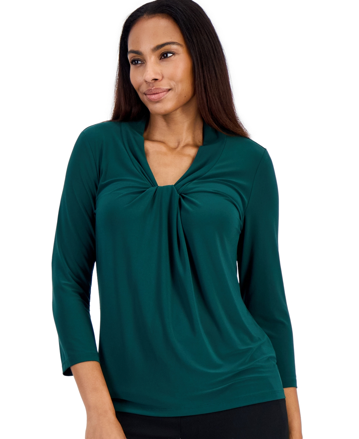 Click here for Kasper Petite Knot-Front 3/4-Sleeve Blouse - Everg... prices