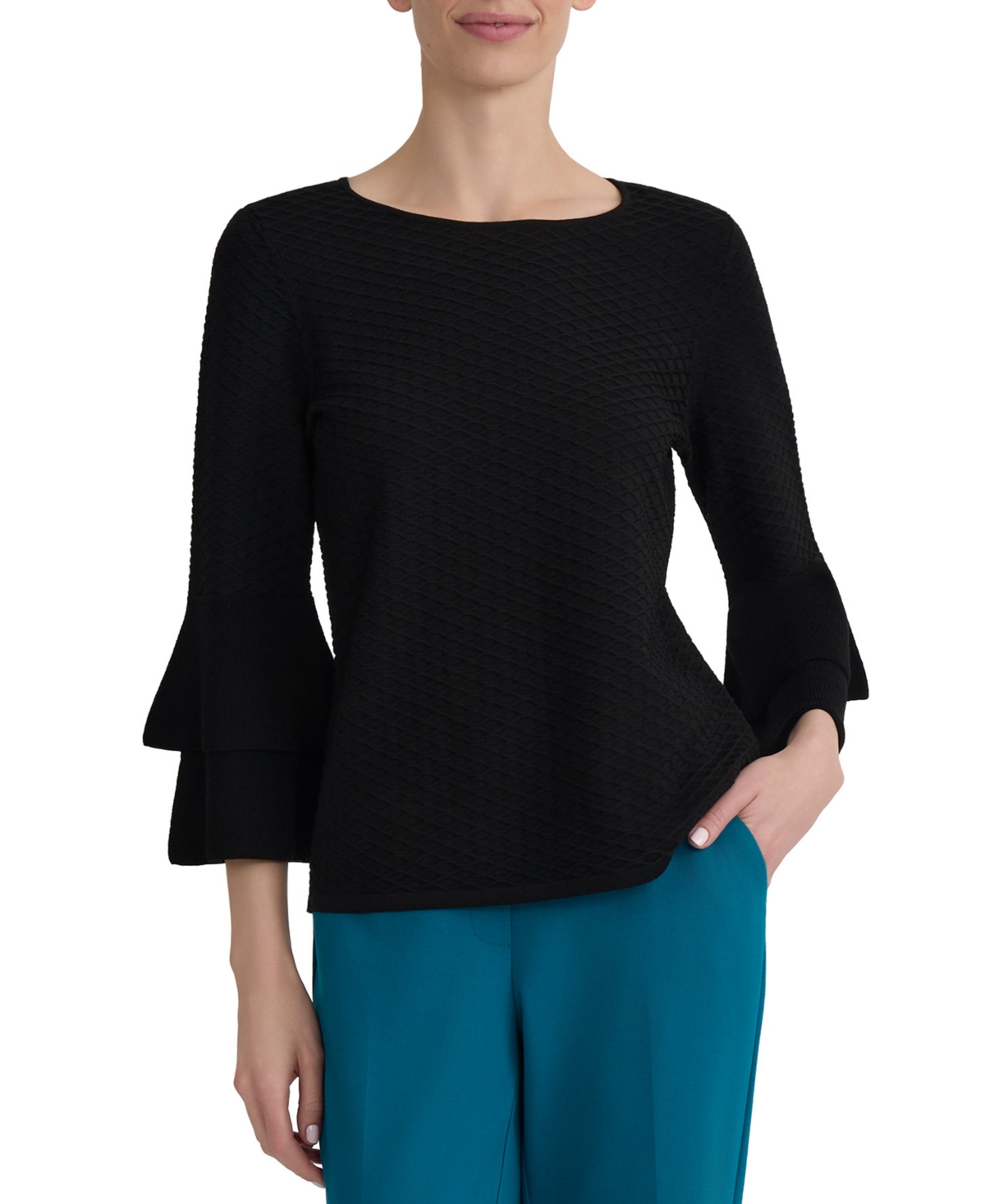 Kasper Womens Textured Knit Flared-Cuff 3/4-Sleeve Top - Black