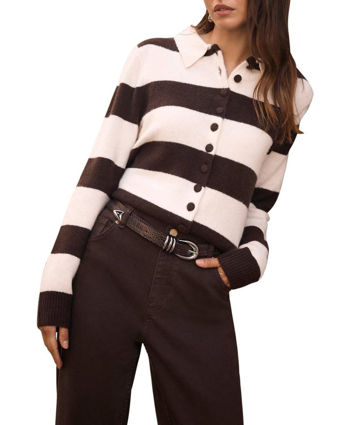 Click here for Mint Velvet Womens Striped Knit Cardigan - Brown prices