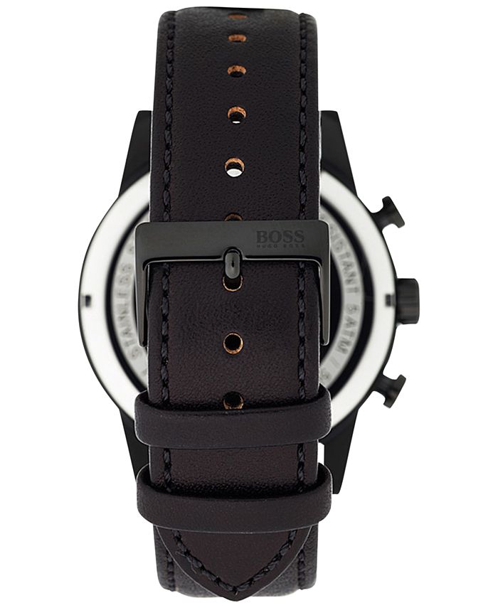 BOSS Men's Chronograph Navigator Black Leather Strap Watch 44mm 1513497 ...