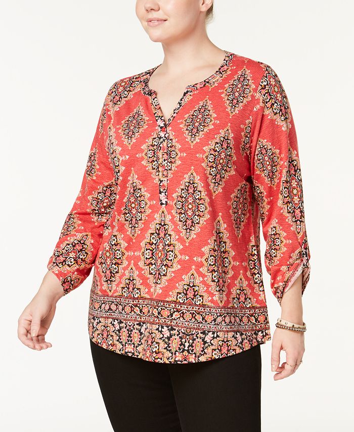 Style & Co Plus Size Cotton Mixed-Print Peasant Top, Created for Macy's ...