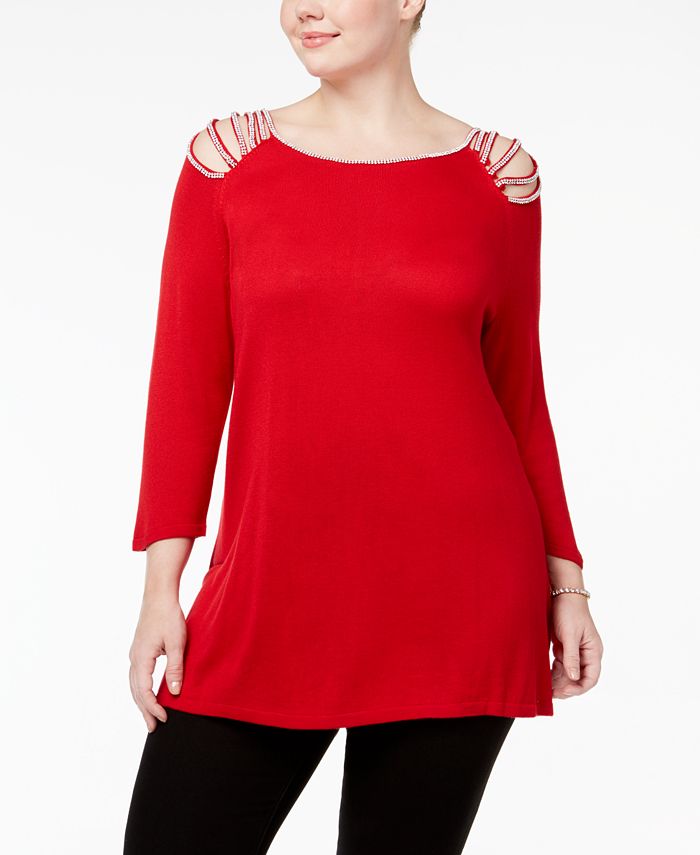 Belldini Plus Size Rhinestone-Studded Tunic Sweater - Macy's