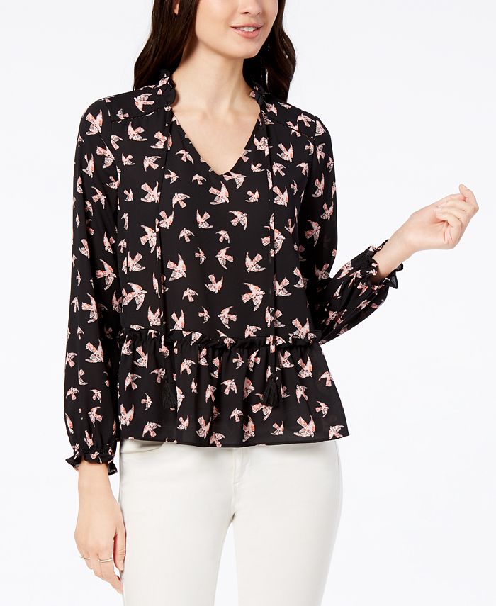 Maison Jules Bird-Print Peplum Top, Created for Macy's - Macy's