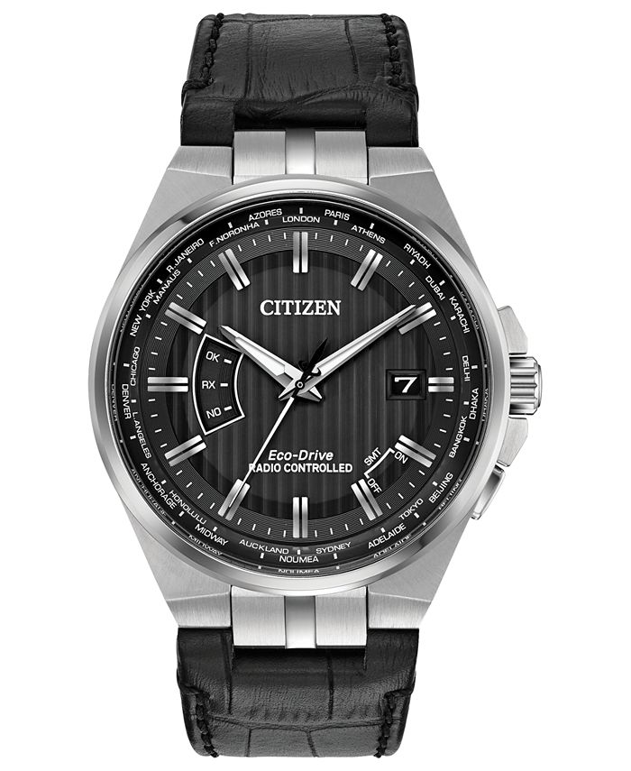 Citizen Eco-Drive Men's World Perpetual A-T Black Leather Strap Watch ...