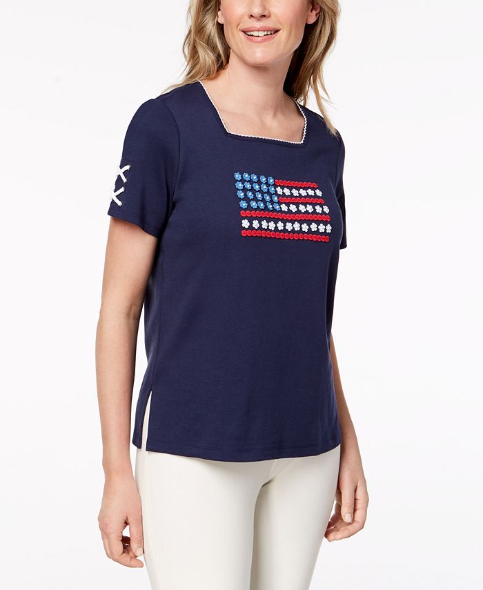Alfred Dunner Petite America's Cup Cotton Embellished Flag T-Shirt - Macy's