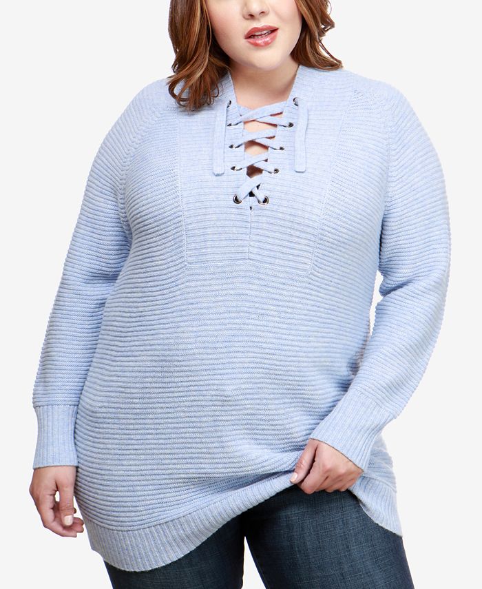 Lucky Brand Trendy Plus Size Lace-Up Tunic Sweater - Macy's