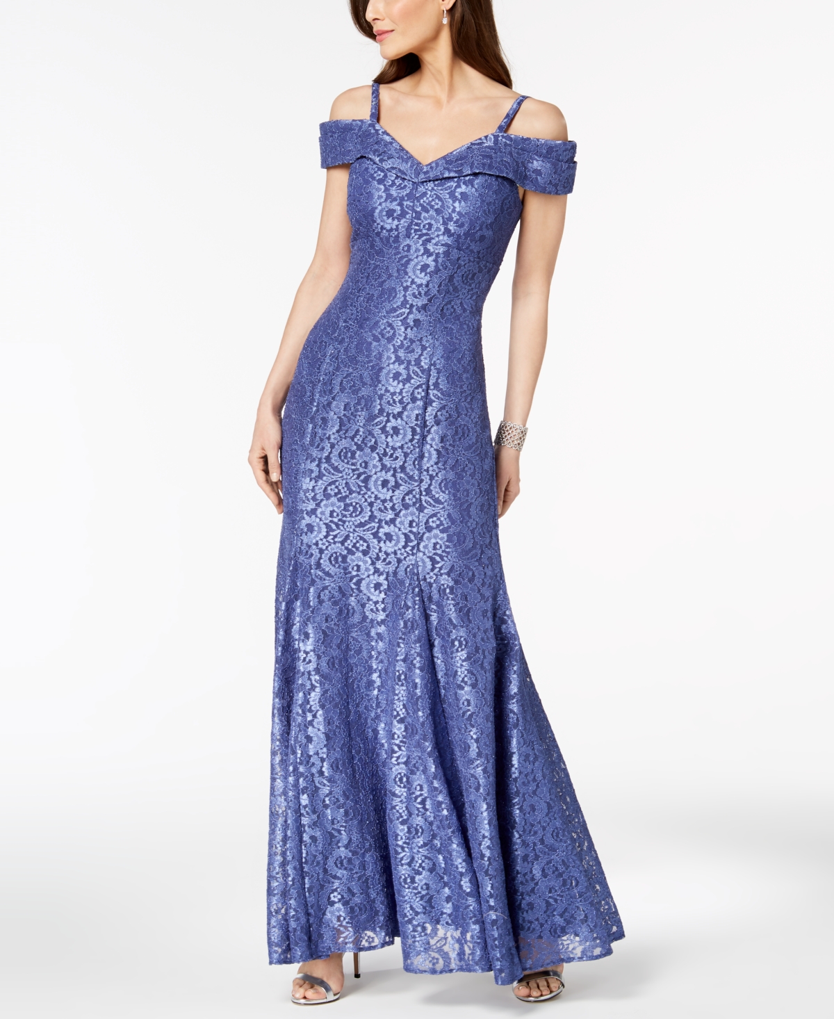 Click here for R & M Richards Off-The-Shoulder Lace Gown - Periwi... prices