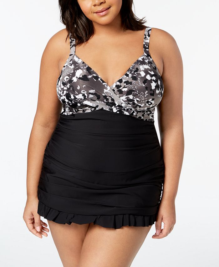 Swim Solutions Plus Size Jungle Whisper Wrap Tummy Control Swimdress