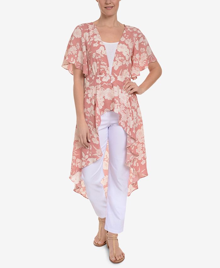 NY Collection Floral-Print High-Low Cardigan - Macy's