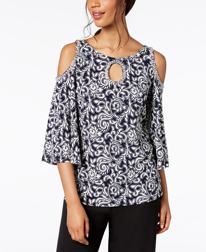 MSK Embellished Printed Cold-Shoulder Top - Macy's