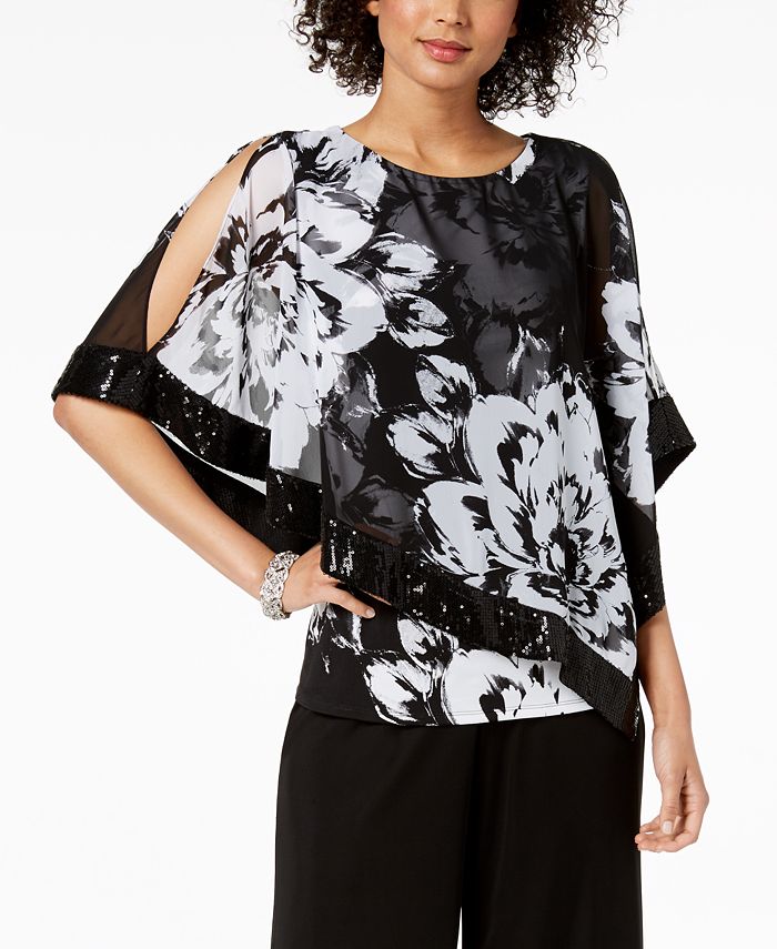 MSK Sequined Floral-Print Poncho Top - Macy's