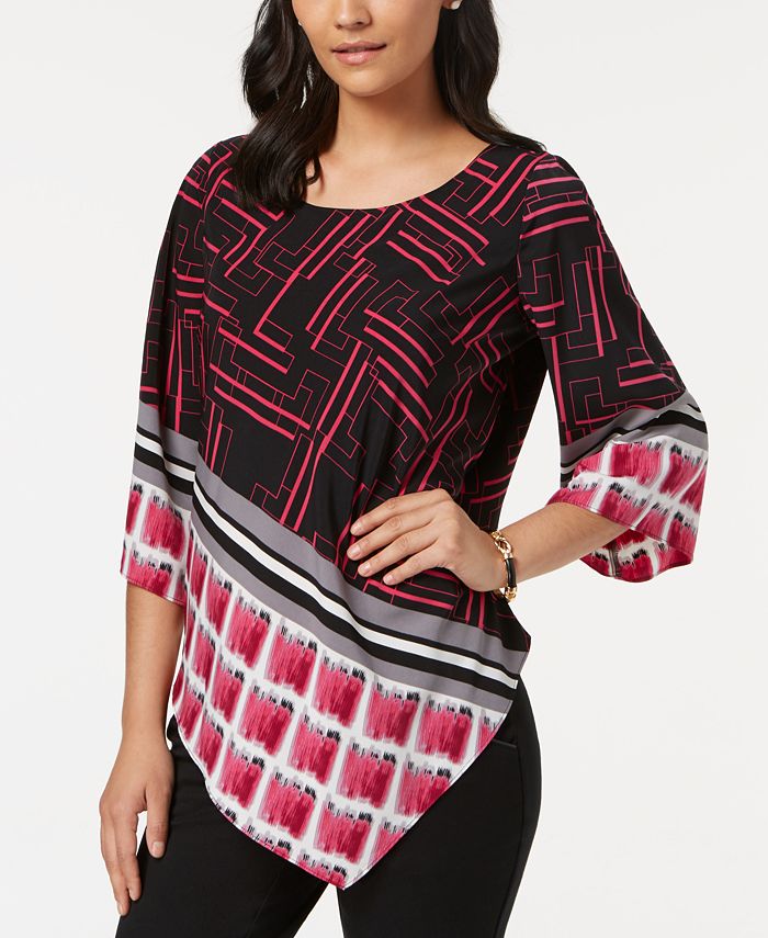 Alfani Petite Mixed-Print V-Hem Top, Created for Macy's - Macy's