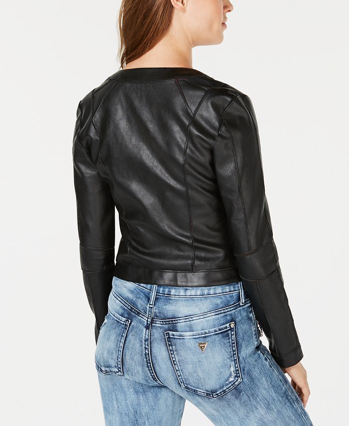 GUESS Collarless Faux-Leather Jacket - Macy's