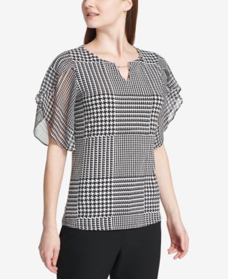 Calvin Klein Plaid Chiffon-Sleeve Top - Macy's