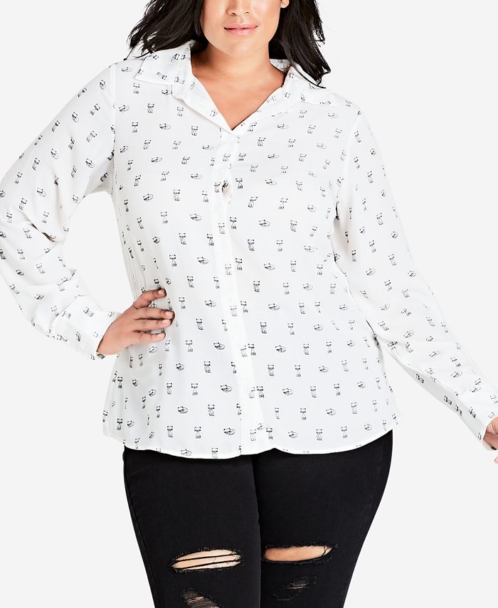 City Chic Trendy Plus Size Cat-Print Shirt - Macy's