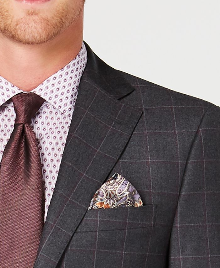 Tallia Men's Slim-Fit Stretch Charcoal/Burgundy Windowpane Wool Suit ...